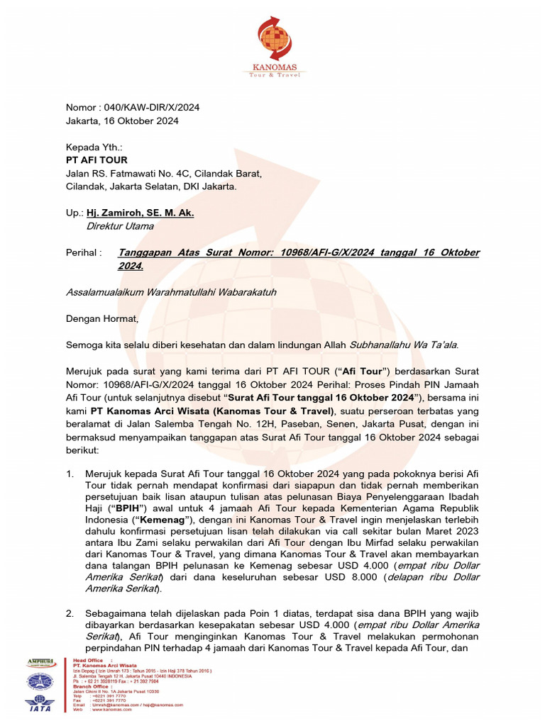 Tanggapan Atas Surat Pindah PIN - AFI Tour | PDF