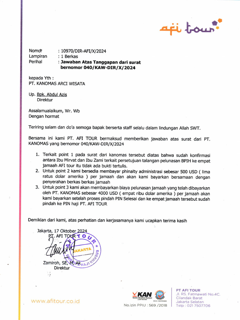 Surat Tanggapan Dari Afi Tour | PDF