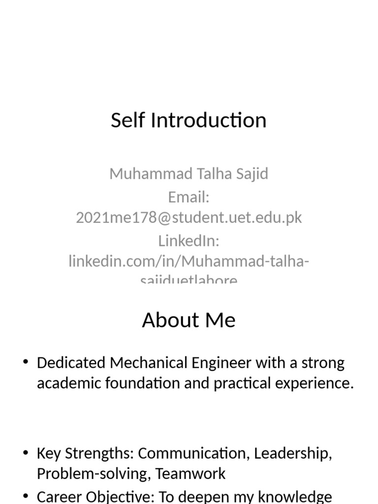 Self Introduction Muhammad Talha Sajid | PDF