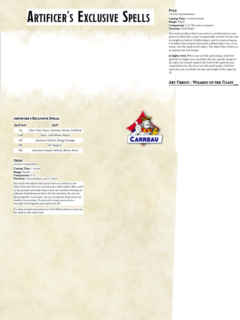 Artificer's Exclusive Spells - GM Binder | PDF