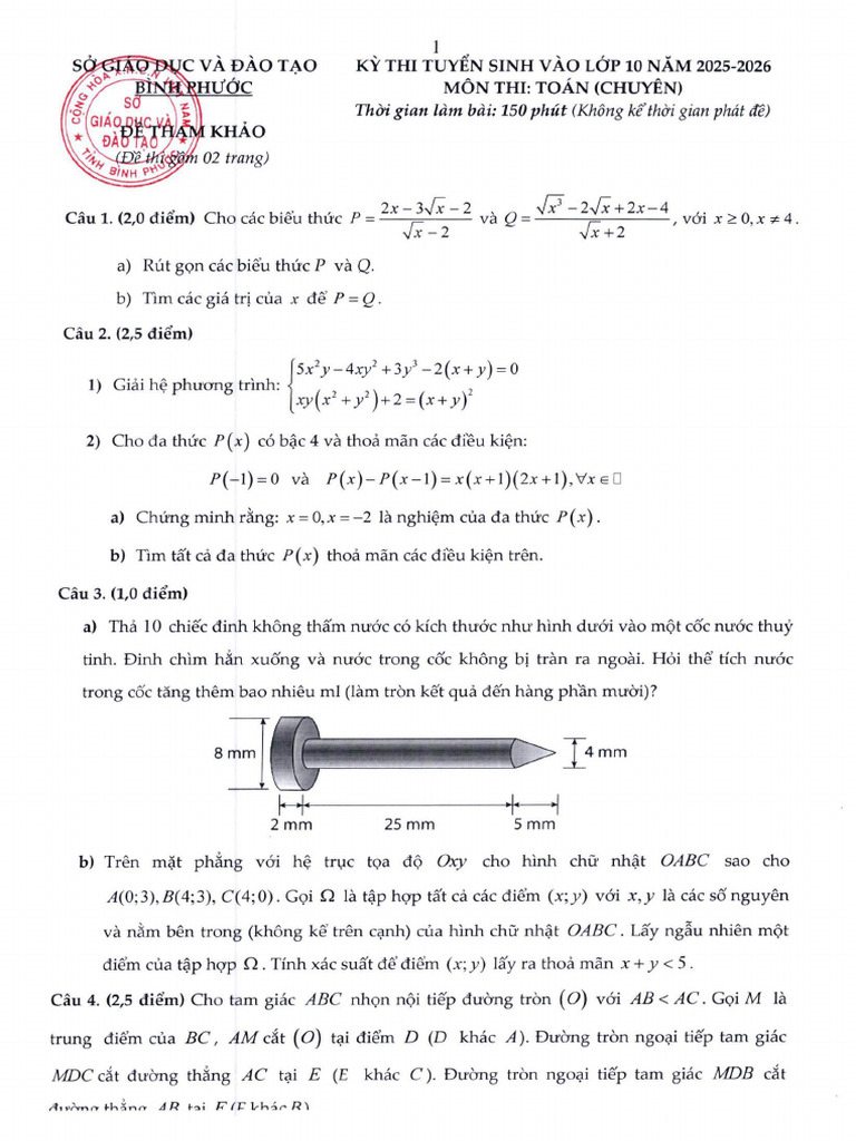 De Tham Khao Tuyen Sinh Lop 10 Mon Toan Chuyen Nam 2025 2026 So GDDT Binh Phuoc | PDF