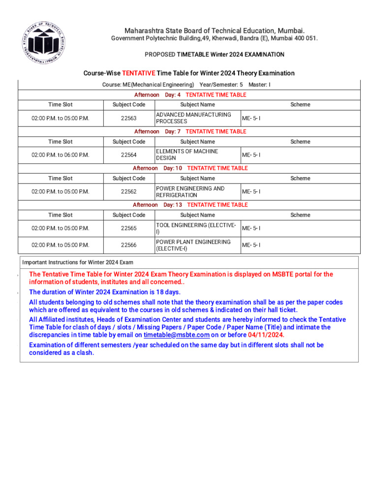 Time Table For Winter 2024 Theory Examination | PDF | Engineering