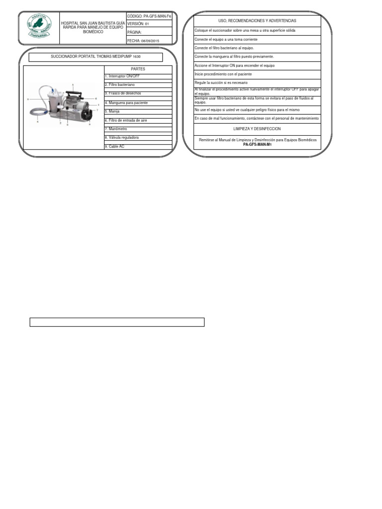Guia Rapida Succionador Portatil Thomas Medipump 1630 Compress | PDF