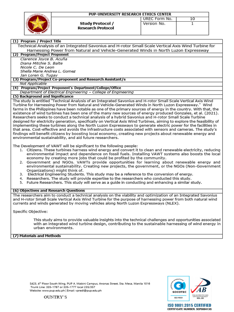 UREC Form 10 Research Study Protocol VAWT EDITED | PDF | Simulation ...