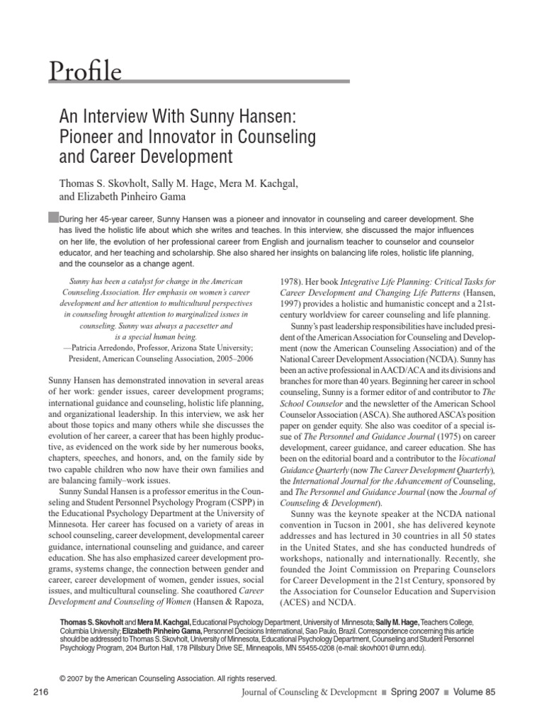 An Interview With Sunny Hansen Pioneer A | PDF | School Counselor