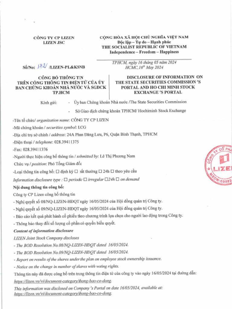 VI - 20240516 - LCG - CBTT Bao Cao Ket Qua Phat Hanh CP Esop | PDF