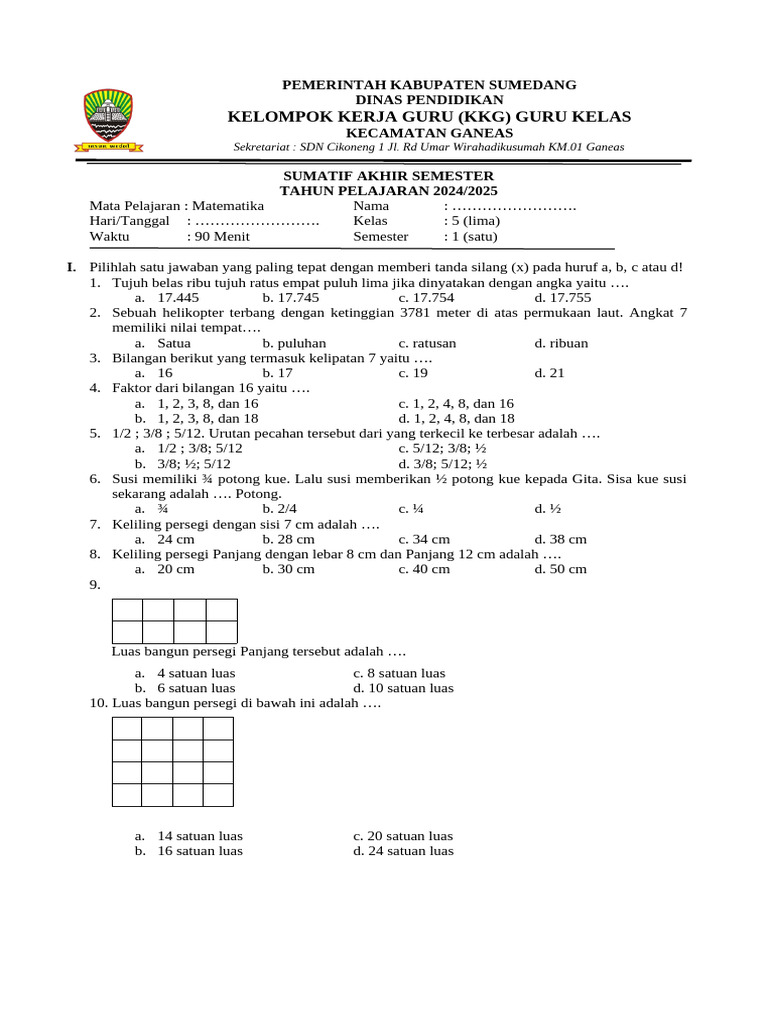 Soal Matematika SAS Ikah | PDF | Griya & Taman | Seni