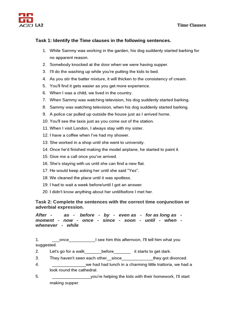 Time Clauses and Time Participle Phrases | PDF | Sentence (Linguistics ...