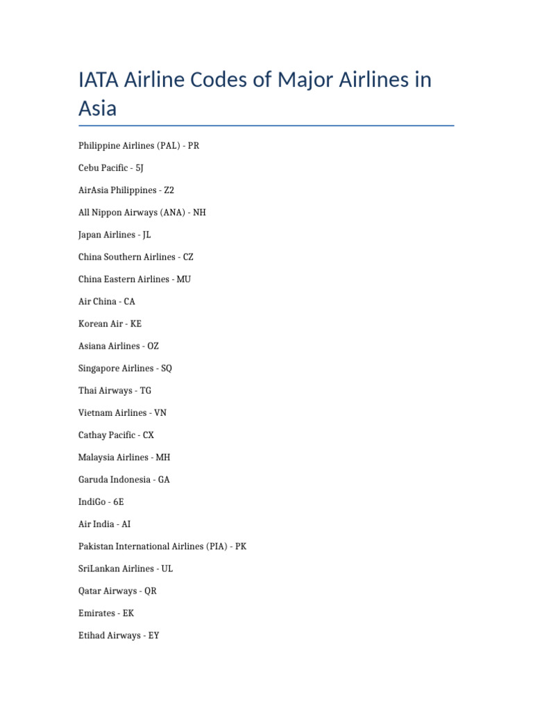 IATA Airline Codes Asia | PDF