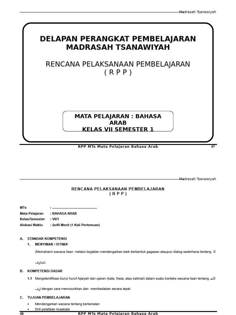 RPP Bahasa Arab MTs Kelas 7 Semester 1 | PDF
