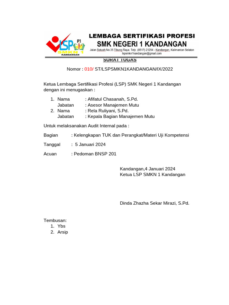 Audit Internal LSP SMK Kandangan 2024 | PDF | Bisnis