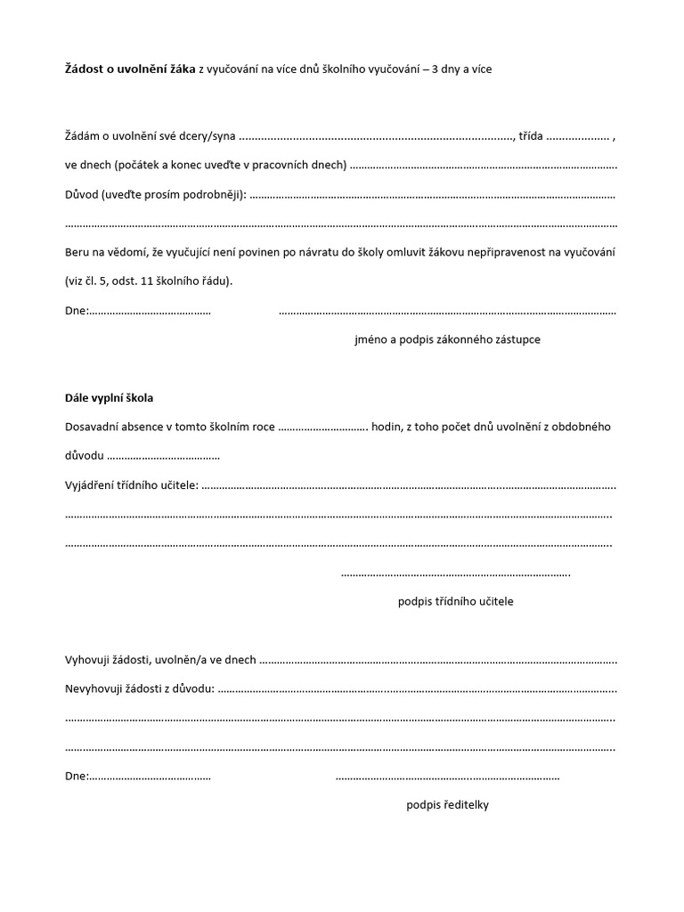 Zadost o Uvolneni Na Vice Dnu | PDF