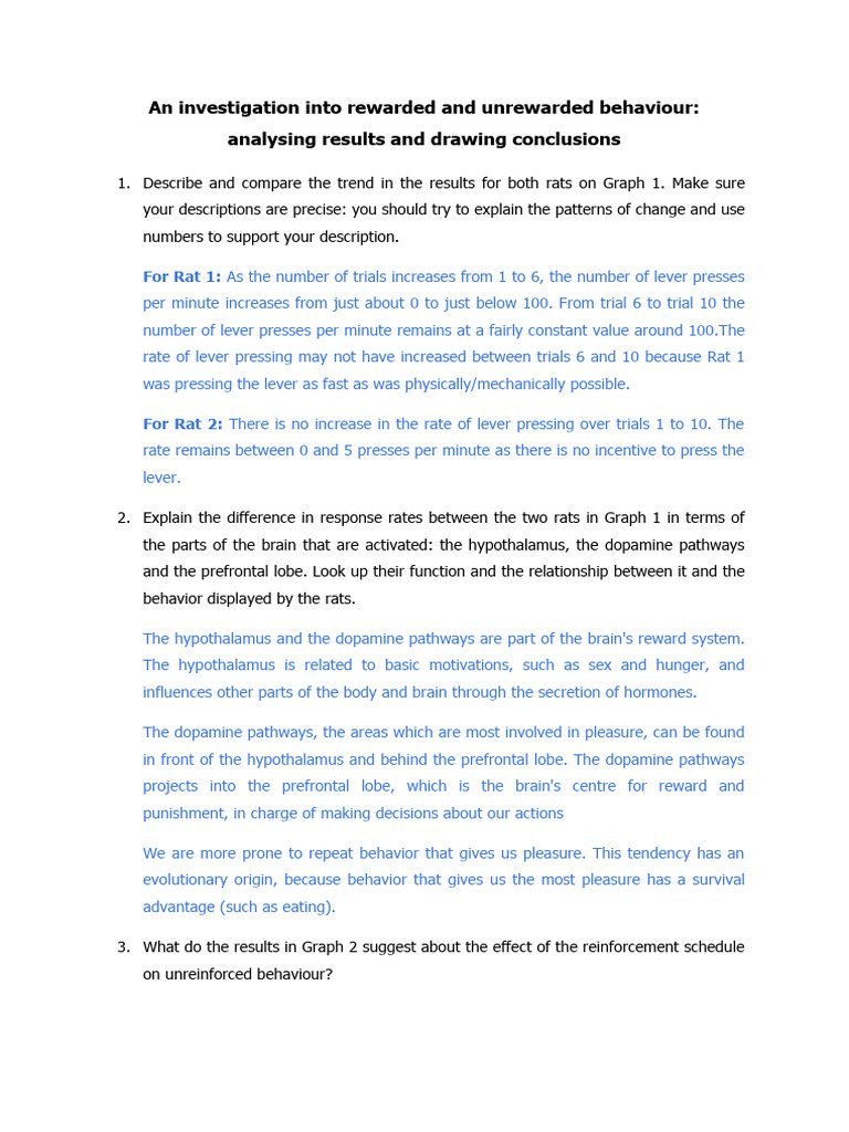 An investigation into rewarded and unrewarded behaviour_answers | PDF ...