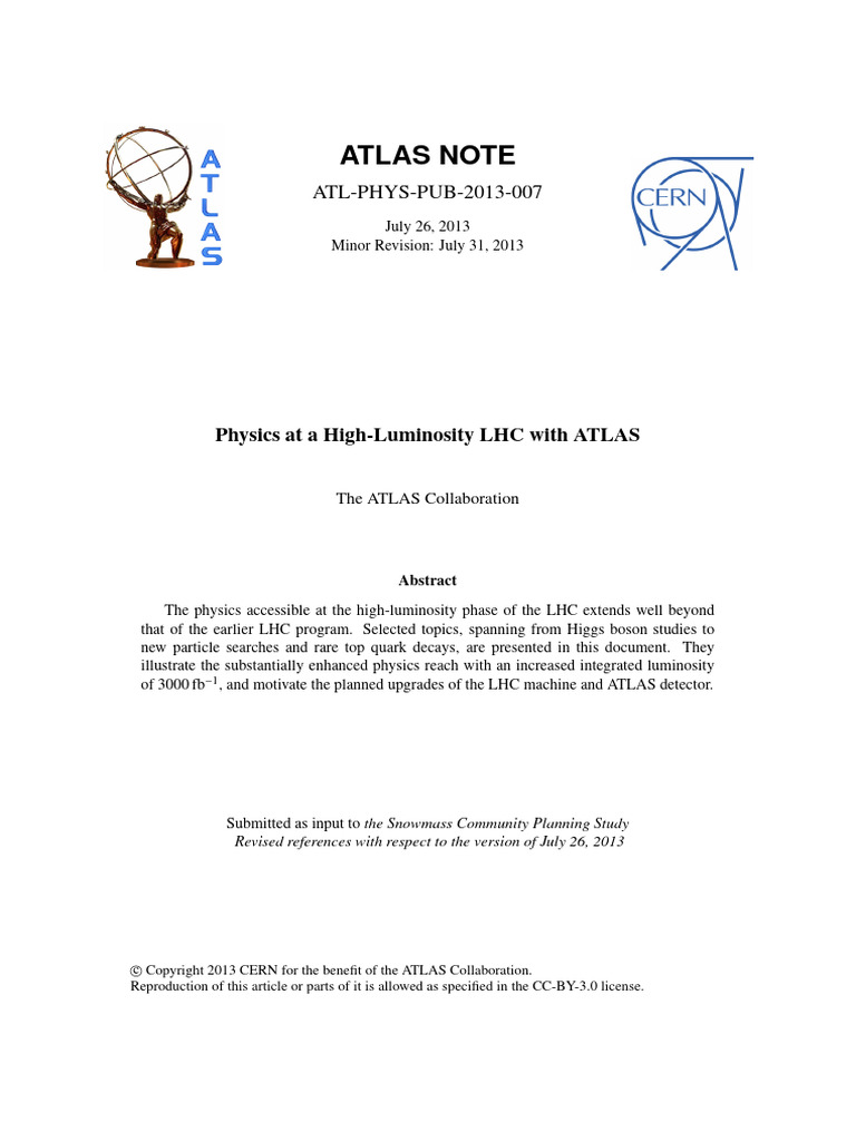 Atlas Note: ATL-PHYS-PUB-2013-007 | PDF | Atlas Experiment | Large ...