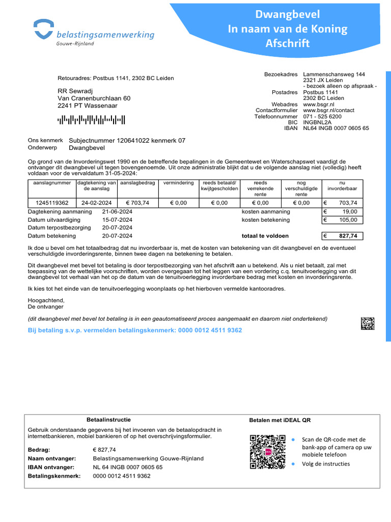 Dwangbevel Belastingaanslag BSGR 2024 | PDF