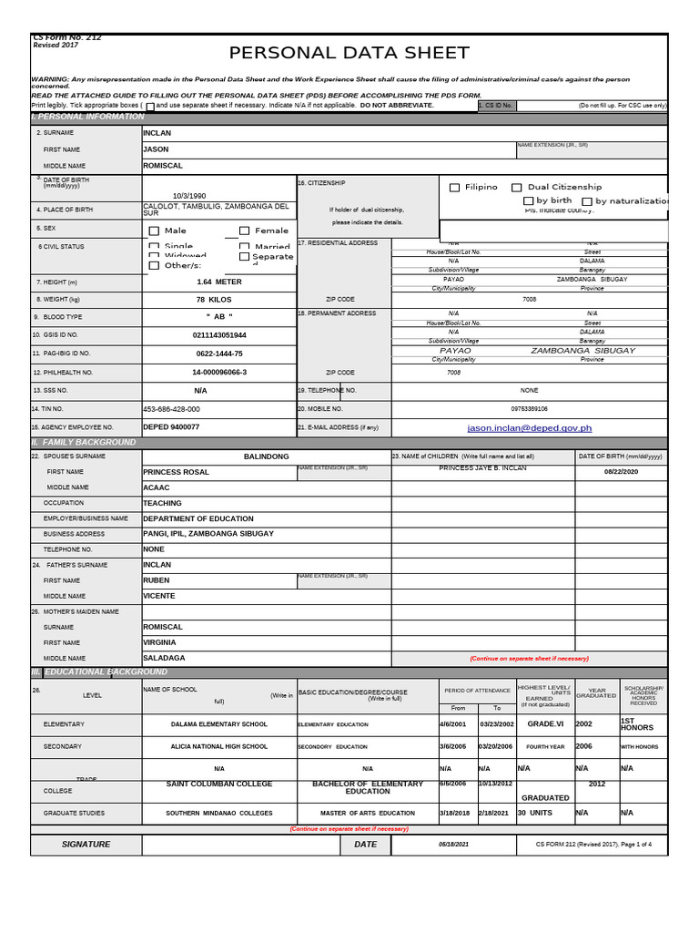 Personal Data Sheet Guide | PDF | Government