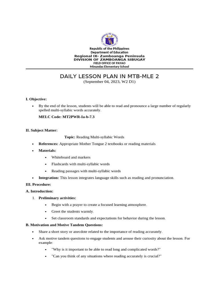 Daily Lesson Plan in Mtb-Mle 2: (September 04, 2023, W2 D1) | PDF | Behavior Modification ...