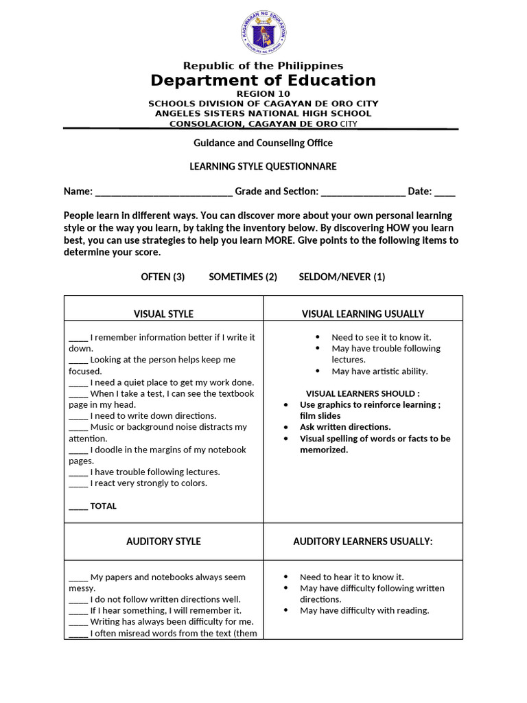 Learning Style Questionnaire | PDF | Learning Styles | Cognition