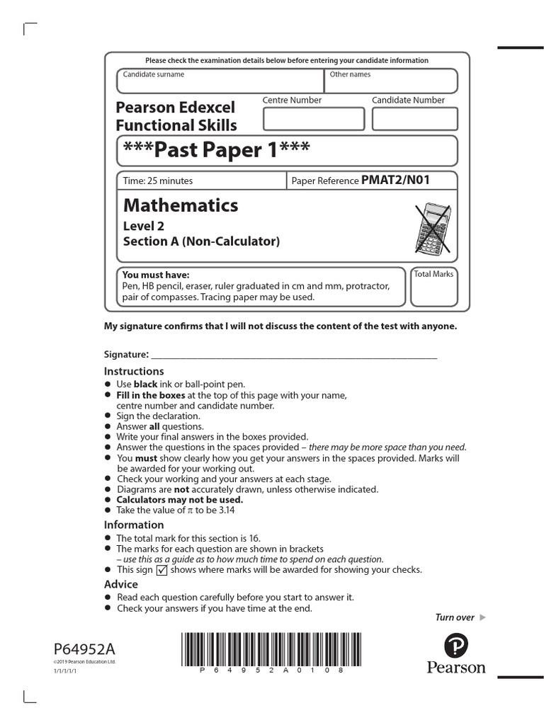 Edexcel Functional Skills Maths Level 2 Past Paper 1 QP | PDF | Area ...