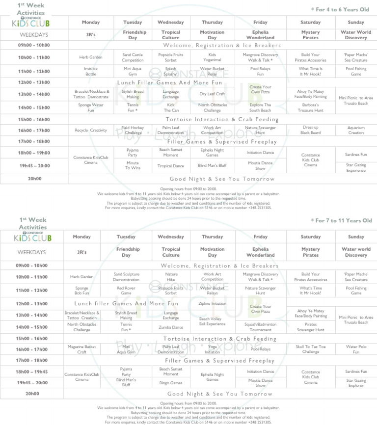 Kids Club Weekly Activity Schedule | PDF
