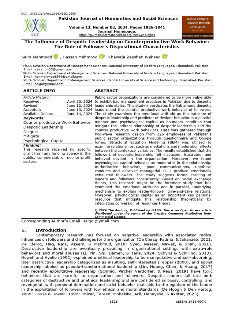The Influence of Despotic Leadership On Counterproductive Work Behavior ...