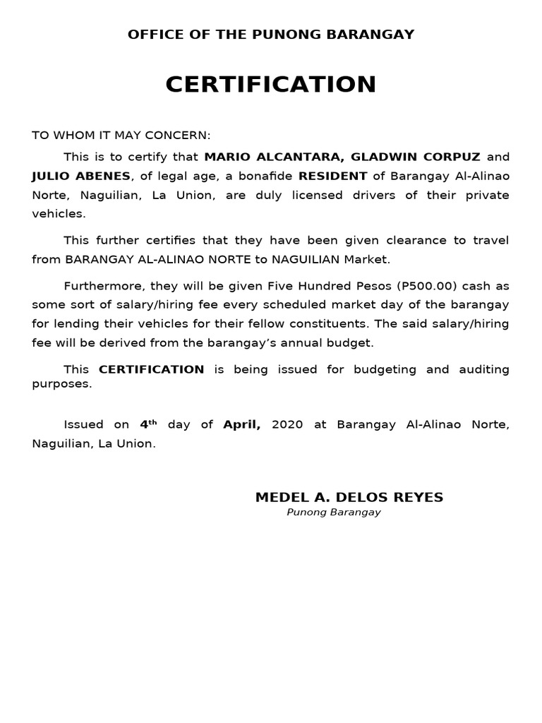 Barangay Certification for Vehicle Drivers | PDF | Finance & Money ...