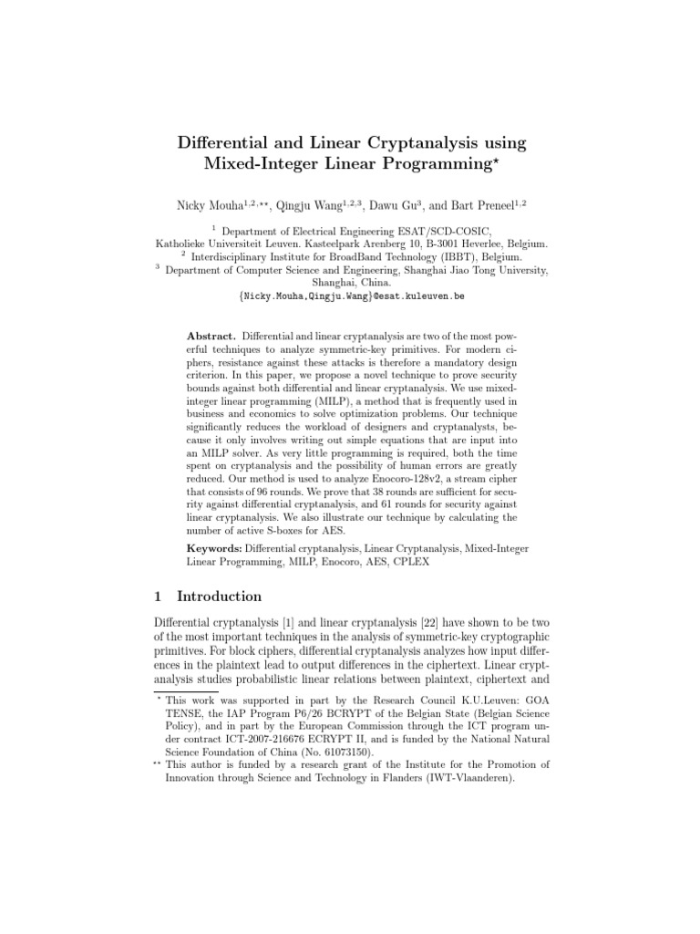 Differential and Linear Cryptanalysis Using Mixed-Integer Linear Programming | PDF | Linear ...