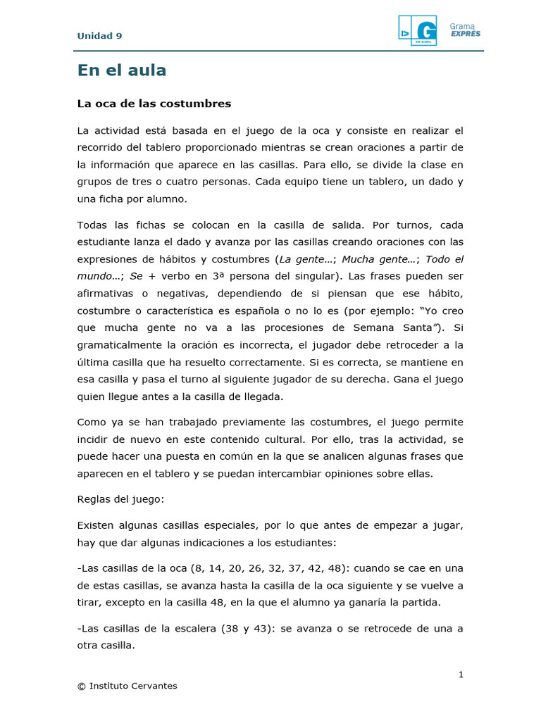 U9 - Actividad 2 - Aula - La Oca de Las Costumbres | PDF