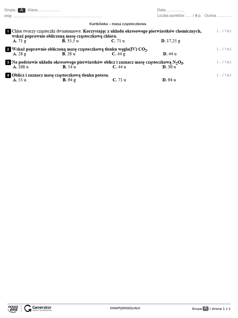 Kartkówka - Masa Cząsteczkowa Test Chemia Klasa 7 | PDF