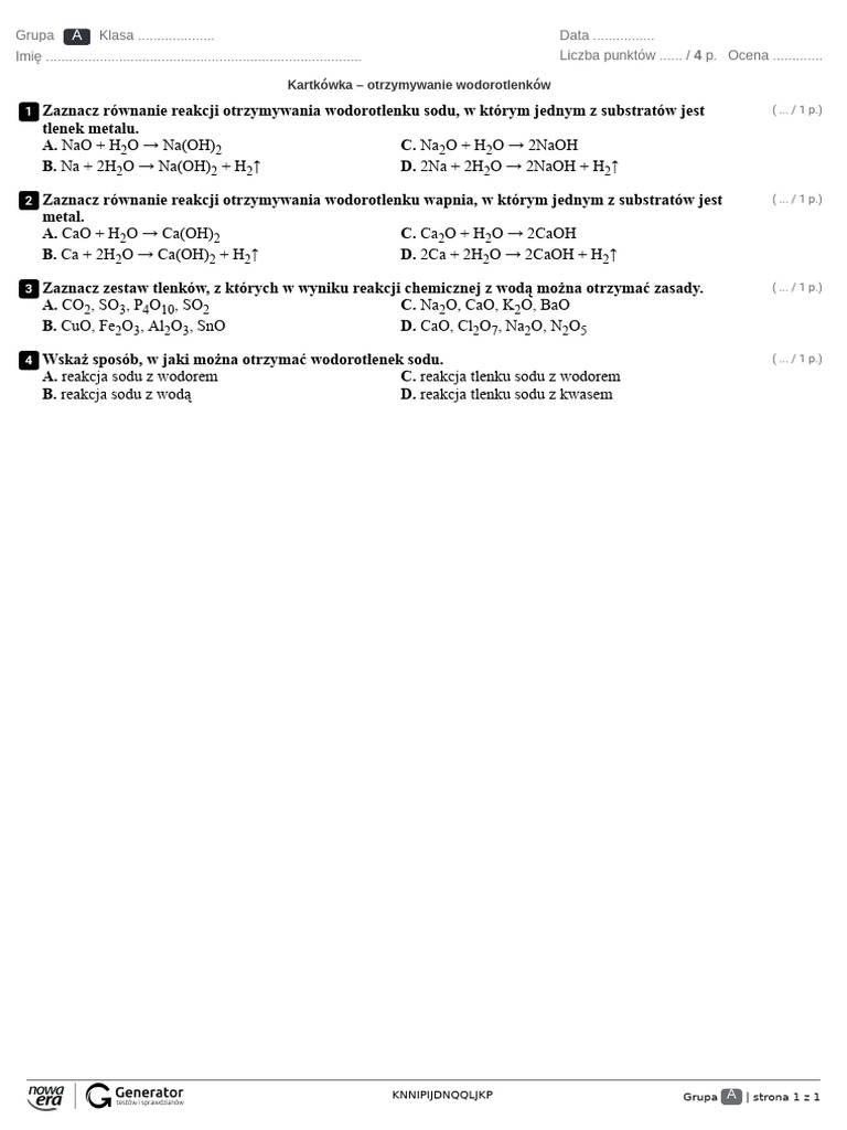 Kartkówka - Otrzymywanie Wodorotlenków Test Chemia Klasa 7 | PDF