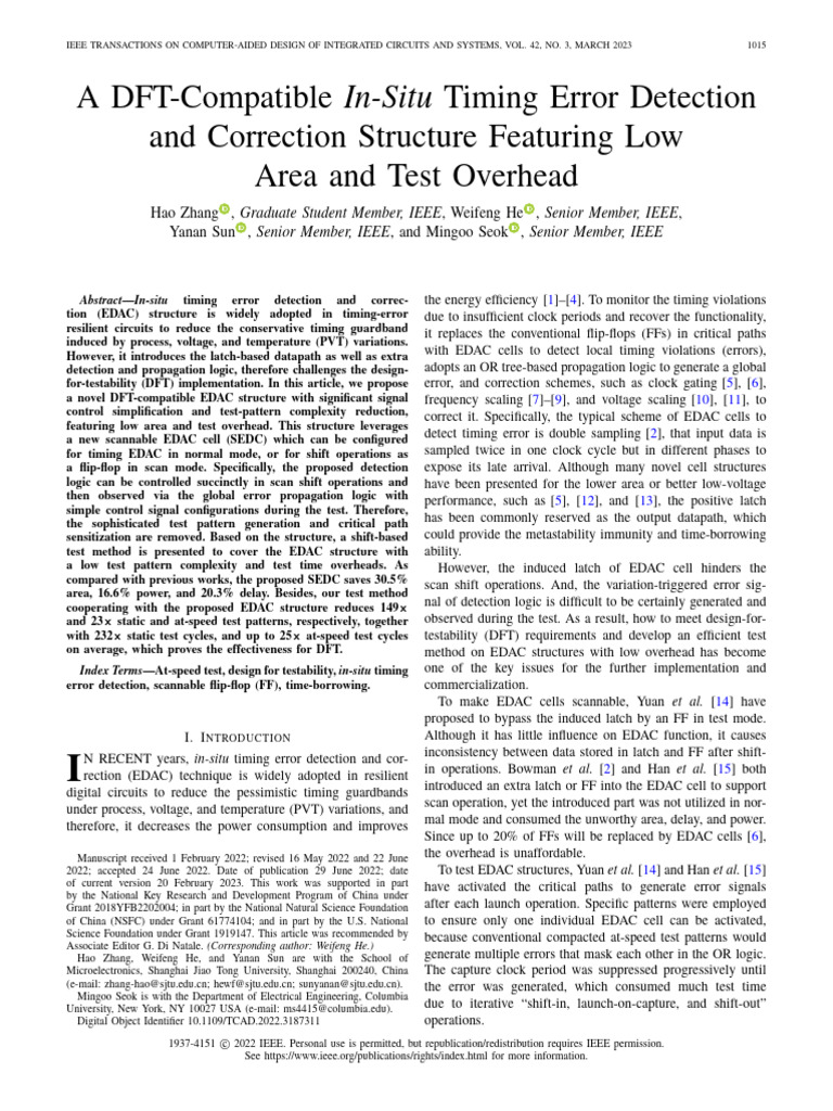 A Dft Compatible In Situ Timing Error Detection And Correction Structure Featuring Low Area And