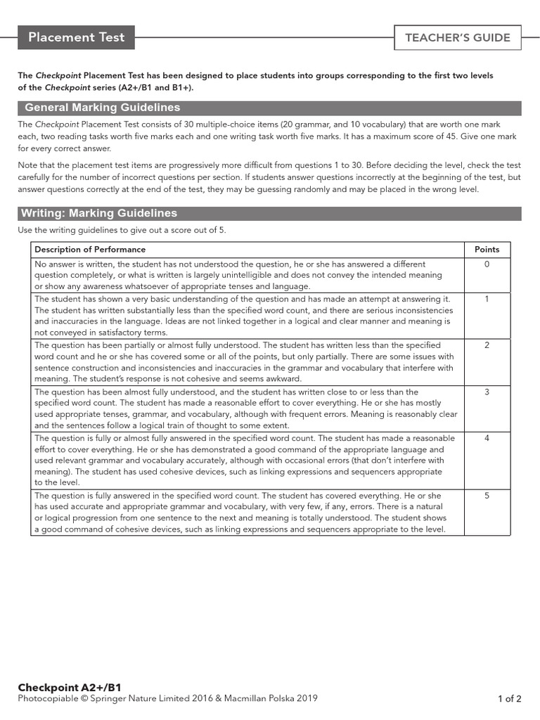 Checkpoint A2+/B1 Placement Test Guide | PDF | Cognition | Linguistics