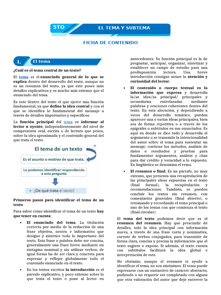 COM 5to - UdA 01 - 4 Ficha de Contenido El Tema y Subtema | PDF ...