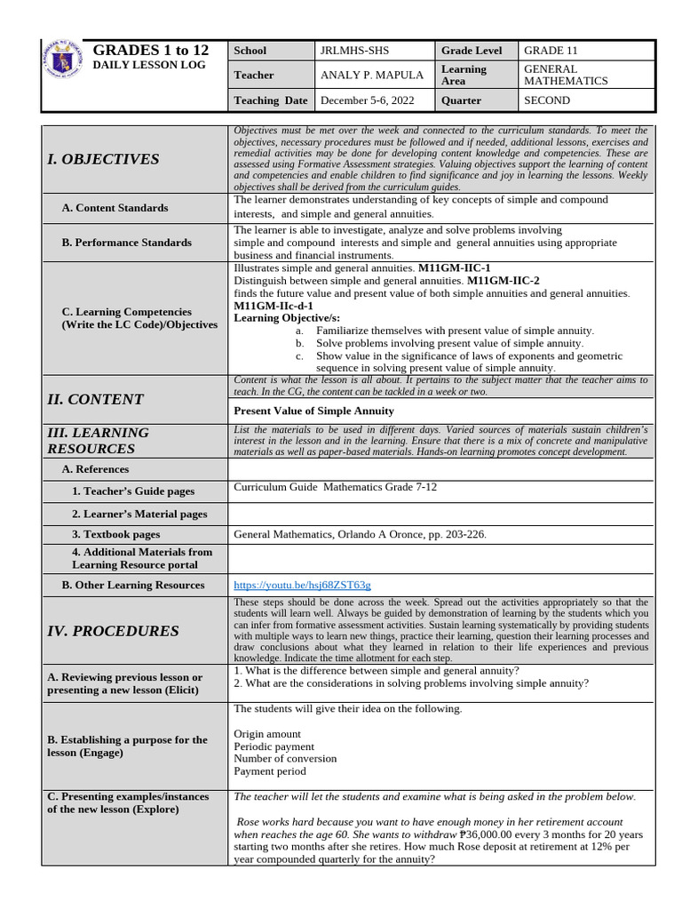 Q2 - Week 5 - GenMath DLP | PDF | Interest | Present Value