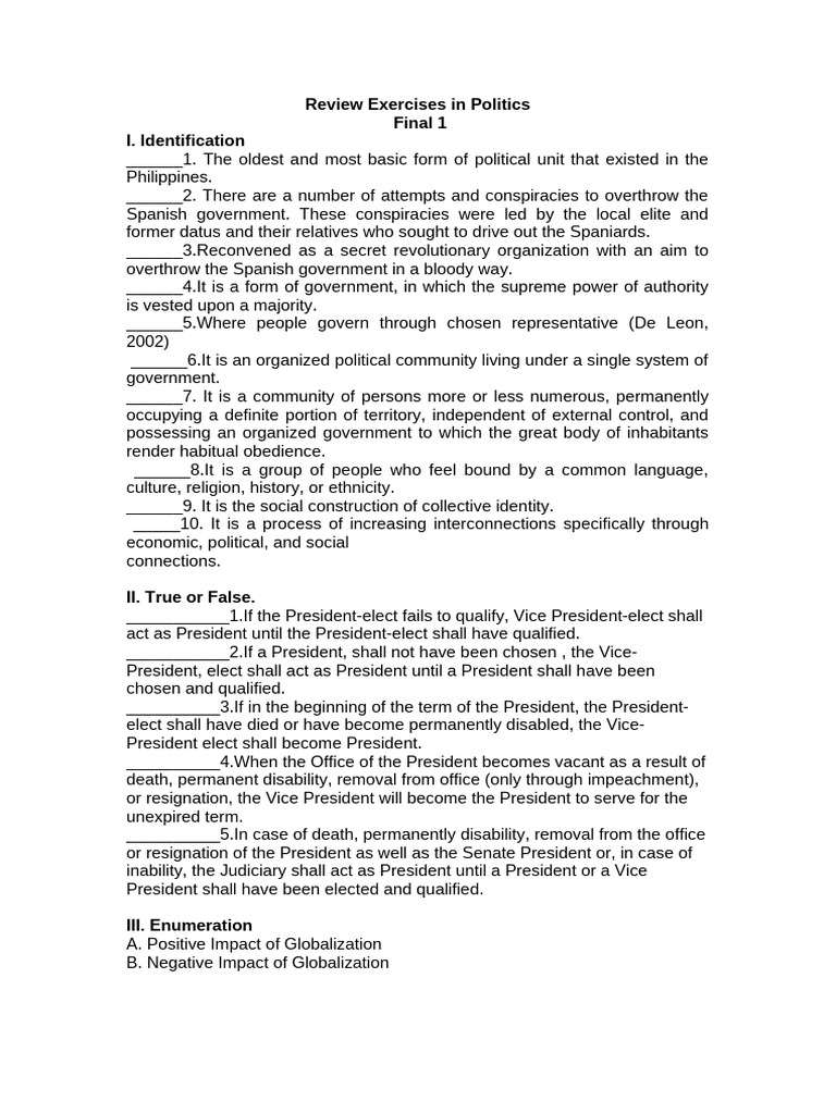 FINAL 1review Exercises in Politics | PDF | Presidents Of The United ...