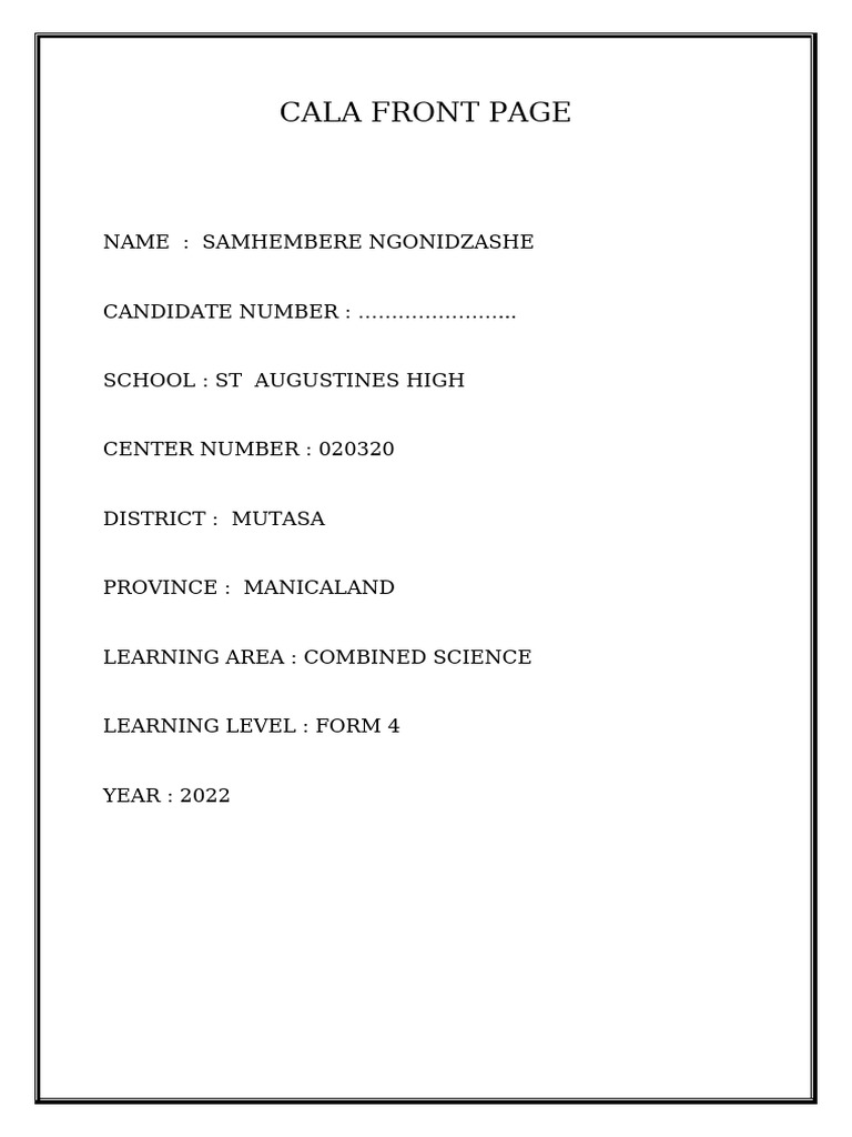 Cala Front Page: Name: Samhembere Ngonidzashe | PDF