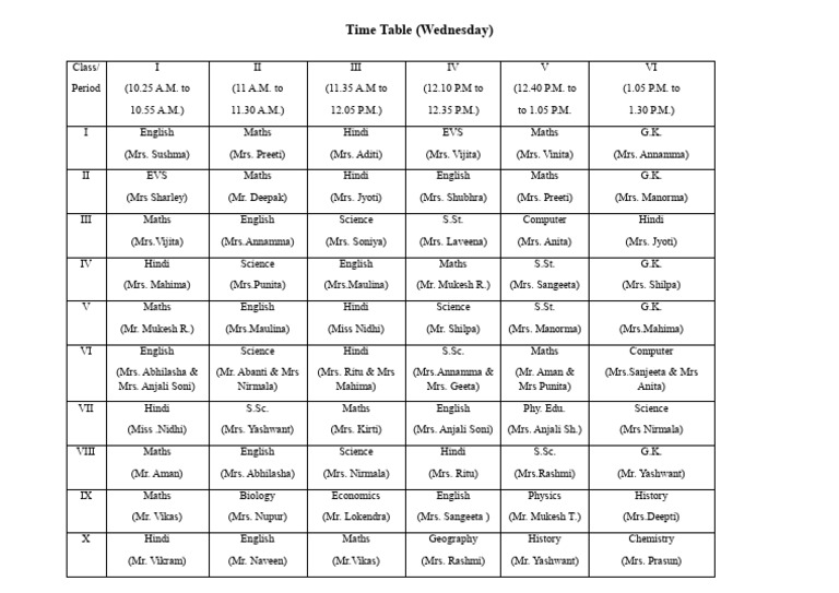 Single Class Time Table Teacher Wise Wednesday-1-1 | PDF | Science