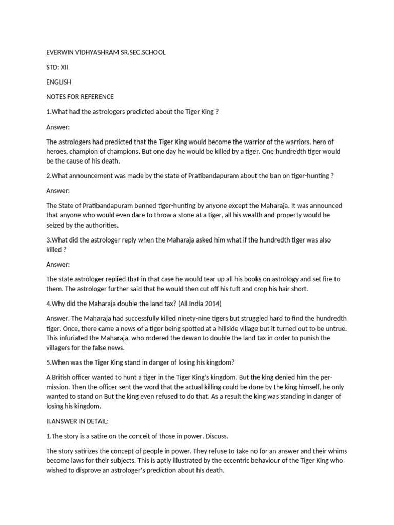 Xii Eng NFR The Tiger King | PDF