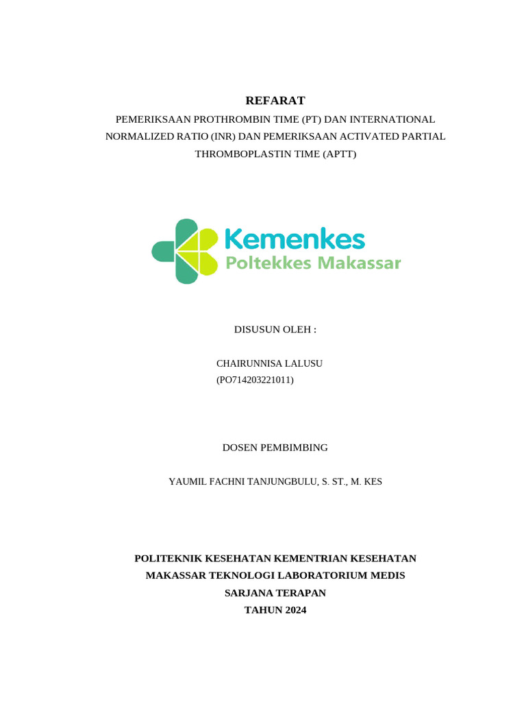 Chairunnisa Lalusu Pemeriksaan Pt Inr Dan Pemeriksaan Aptt 2 1 Pdf