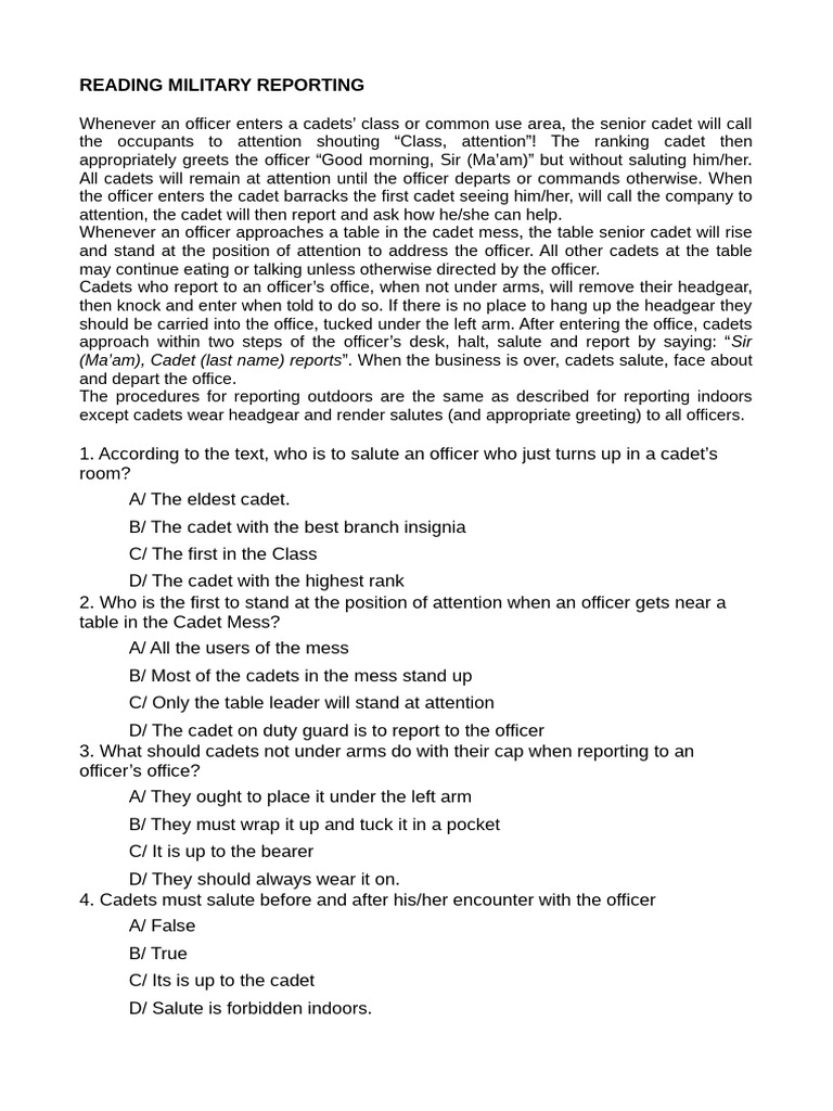 Military Reporting Procedures for Cadets | PDF | Military Life ...