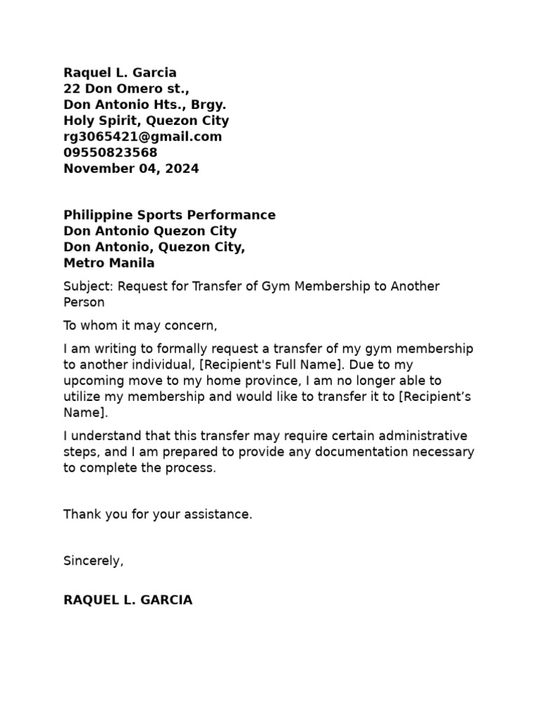 Gym Membership Transfer Request | PDF