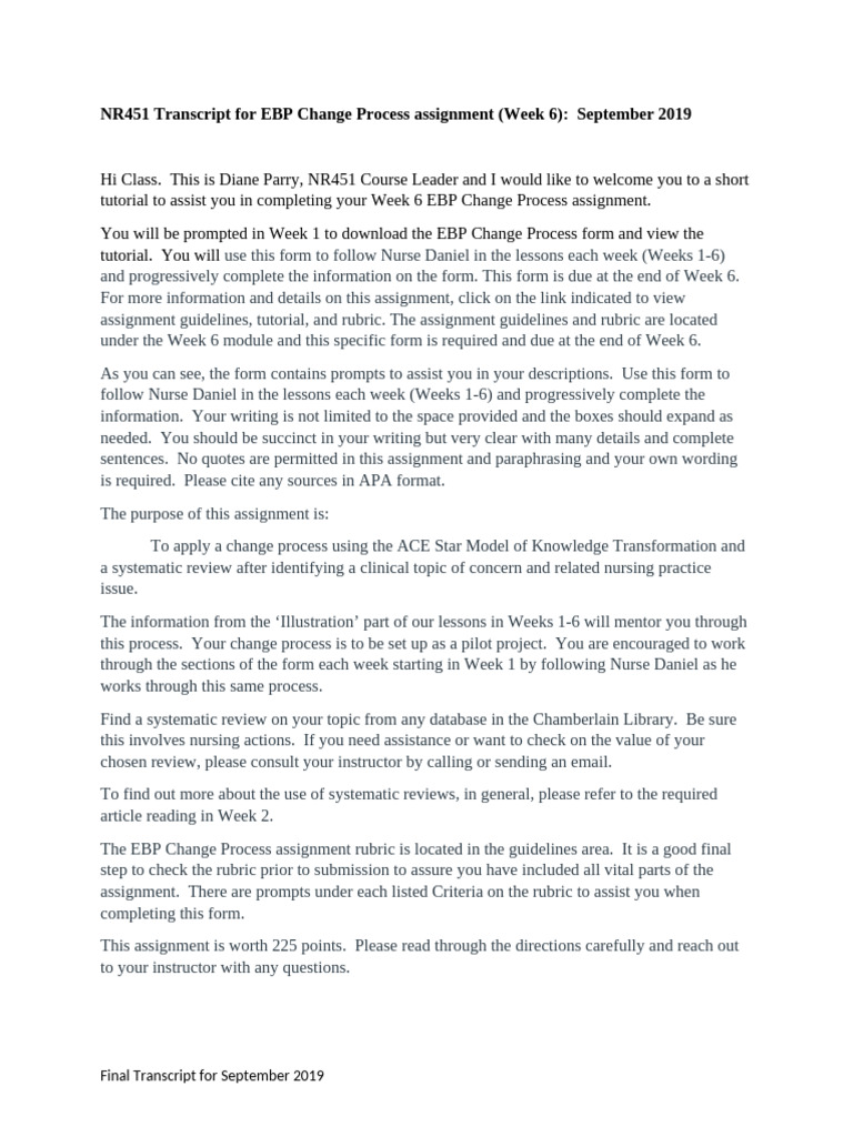 NR451_Transcript_for_EBP_Change_Process_assignment | PDF | Systematic ...