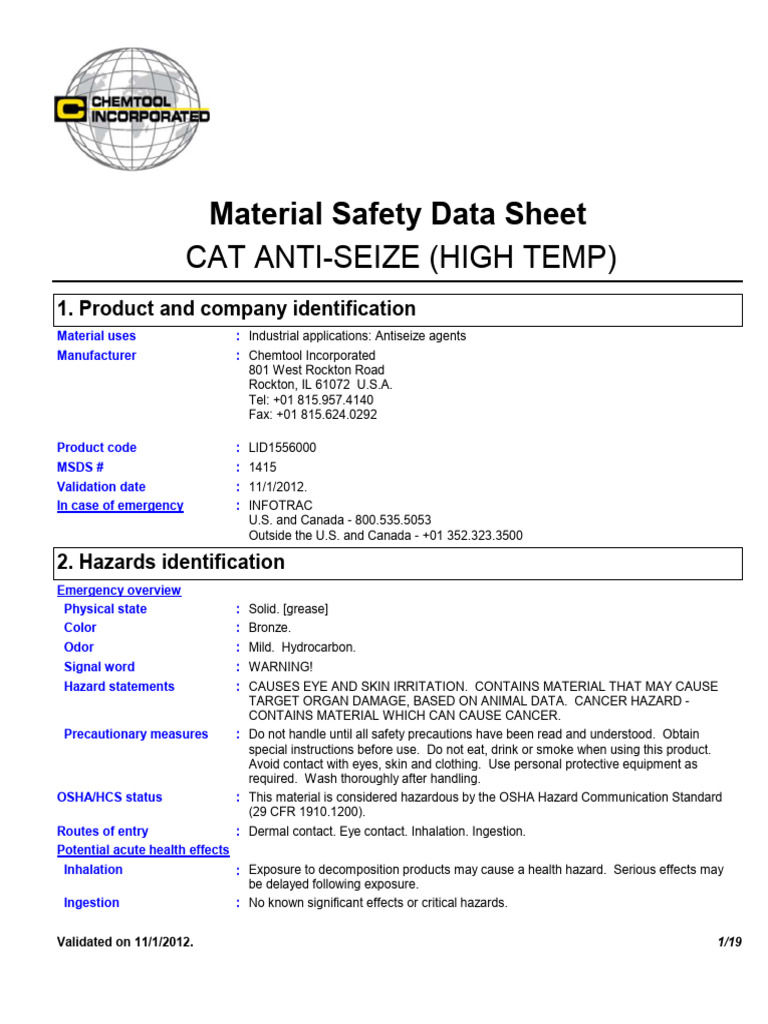 Cat Anti Seize Compound High Temp | PDF | Toxicity | Occupational ...