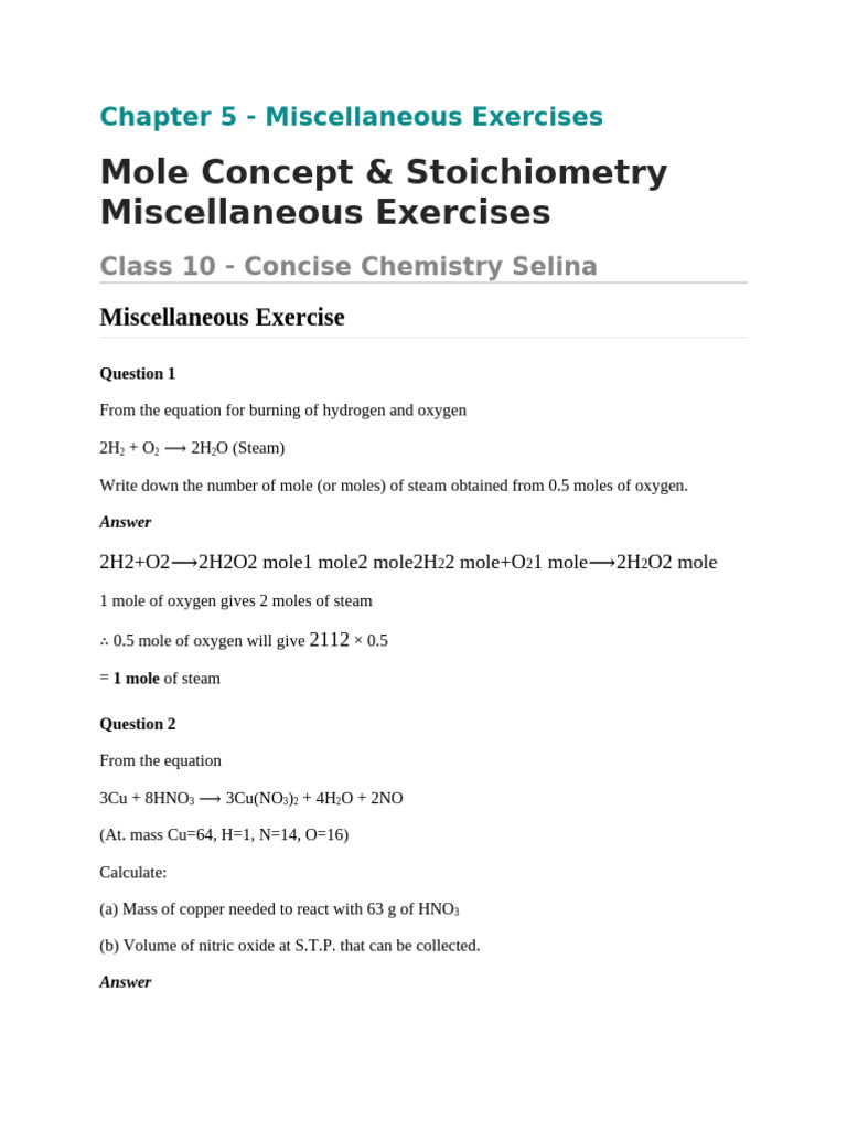 Mole Concept and Stoichiometry Exercises | PDF | Mole (Unit) | Gases