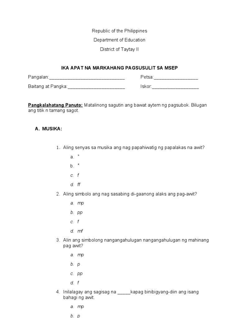 MSEP 4th Grading Exam | PDF