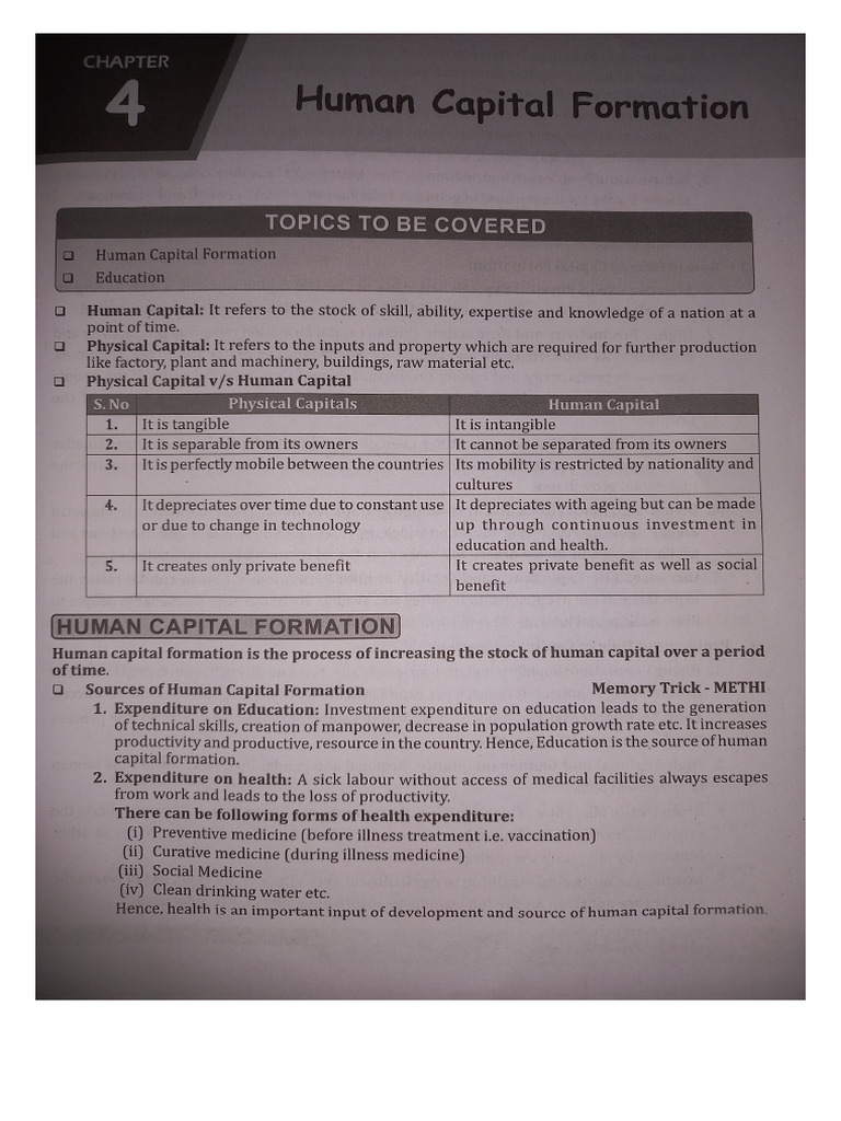 Indian Economics Class 12: Human Capital Formation Chapter Notes | PDF