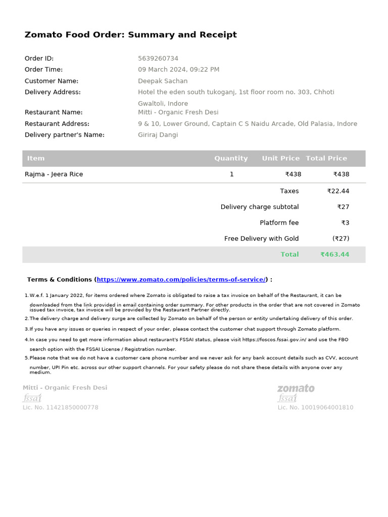 Zomato Food Order: Summary and Receipt | PDF