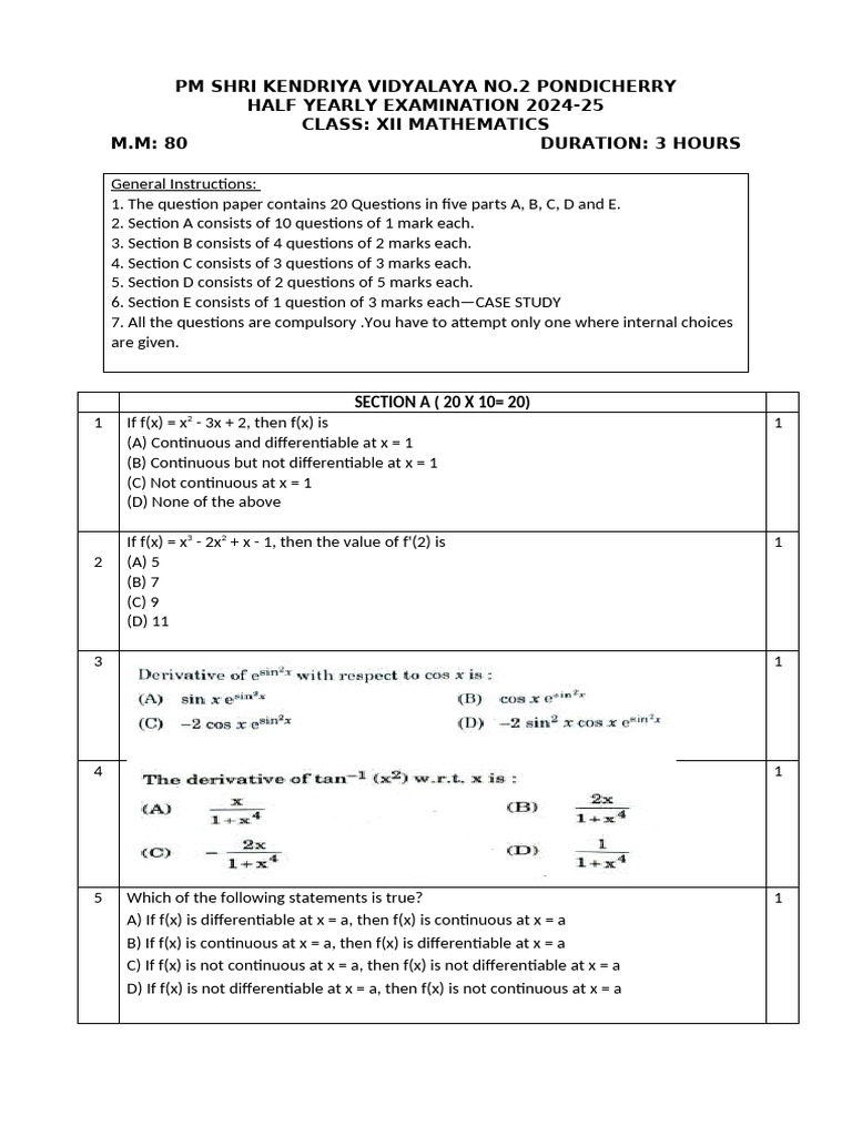 Xii Maths Hy QP Sep 2024 | PDF | Mathematics | Mathematical Analysis