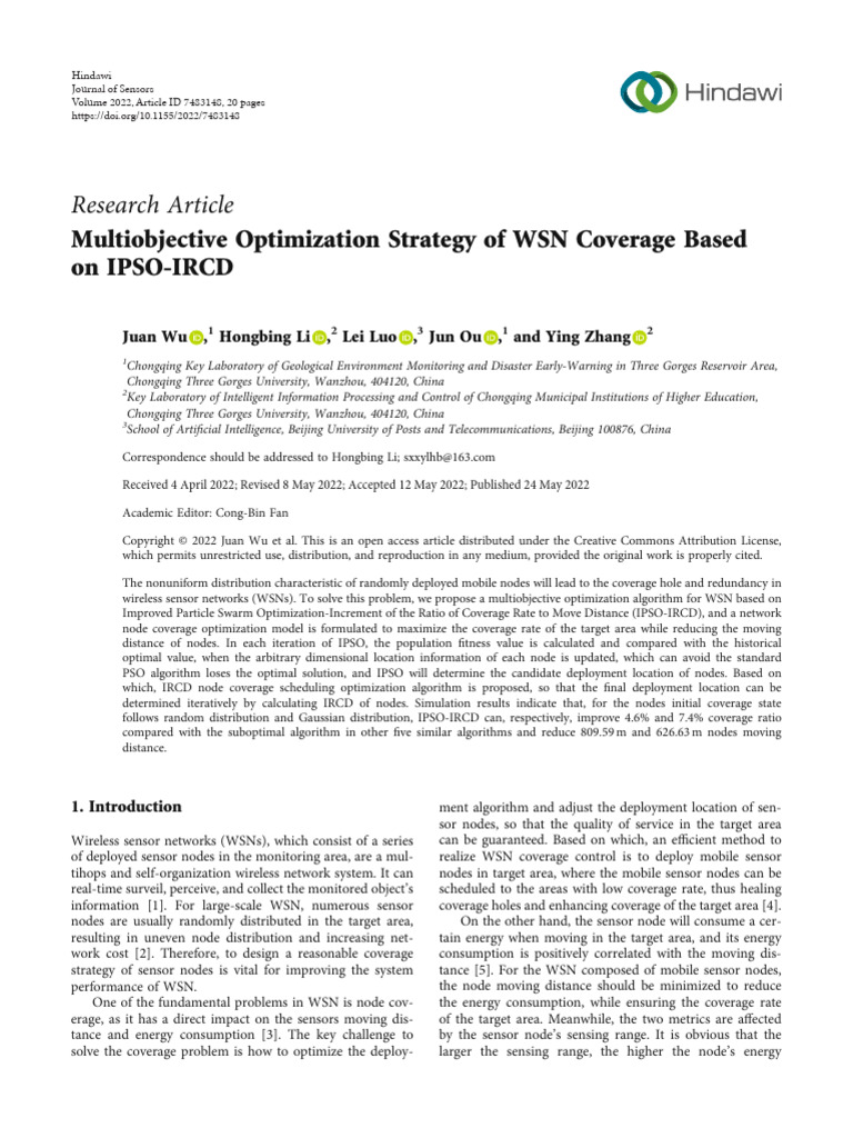 Research Article: Multiobjective Optimization Strategy of WSN Coverage Based On Ipso-Ircd | PDF ...