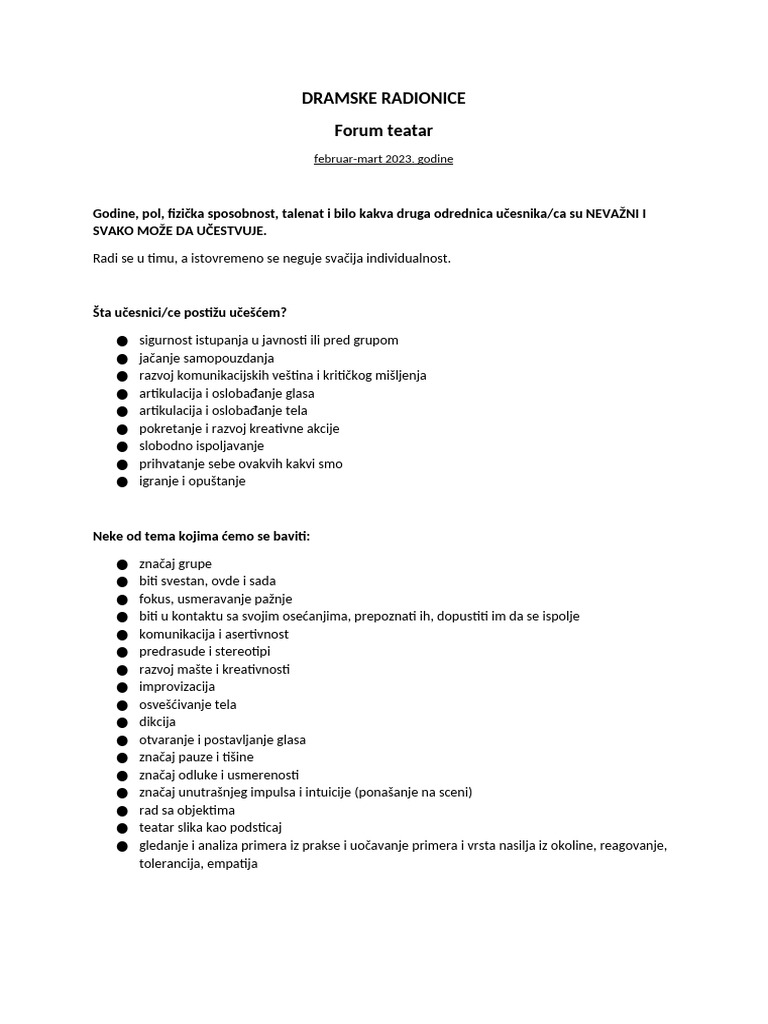 Dramske Radionice - Forum Teatar | PDF